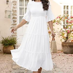 LILLUSORY Womens Summer Dresses Graduation Bridal Shower Flowy Smocked Ruffle Boho Modest 2023 Long Sundresses Trendy Casual Sun Dress with Sleeves White