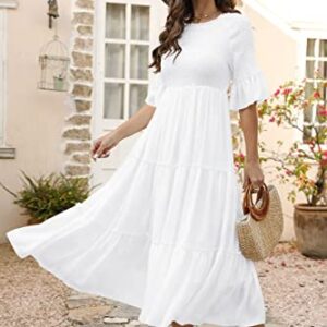 LILLUSORY Womens Summer Dresses Graduation Bridal Shower Flowy Smocked Ruffle Boho Modest 2023 Long Sundresses Trendy Casual Sun Dress with Sleeves White