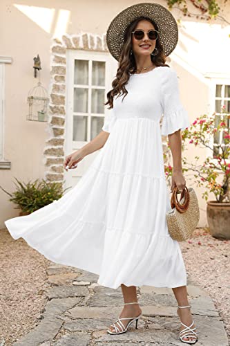 LILLUSORY Womens Summer Dresses Graduation Bridal Shower Flowy Smocked Ruffle Boho Modest 2023 Long Sundresses Trendy Casual Sun Dress with Sleeves White