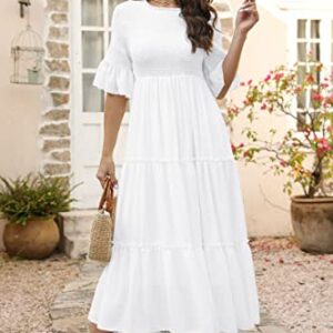 LILLUSORY Womens Summer Dresses Graduation Bridal Shower Flowy Smocked Ruffle Boho Modest 2023 Long Sundresses Trendy Casual Sun Dress with Sleeves White