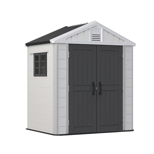 EAST OAK Outdoor Storage Shed, 7×4×8.2 FT Waterproof Resin Tool Shed with Window, 152Cu.ft Outside House Shed for Garden, Patio, Lawn Mower, Bikes