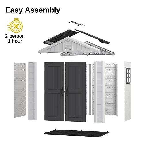 EAST OAK Outdoor Storage Shed, 7×4×8.2 FT Waterproof Resin Tool Shed with Window, 152Cu.ft Outside House Shed for Garden, Patio, Lawn Mower, Bikes