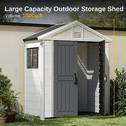 EAST OAK Outdoor Storage Shed, 7×4×8.2 FT Waterproof Resin Tool Shed with Window, 152Cu.ft Outside House Shed for Garden, Patio, Lawn Mower, Bikes