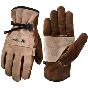 wzqh leather work gloves for men or women. large glove for gardening, tig/mig welding, construction, chainsaw, farm, ranch, etc. cowhide, cotton lined, utility, firm grip, durable. coffee-grey l