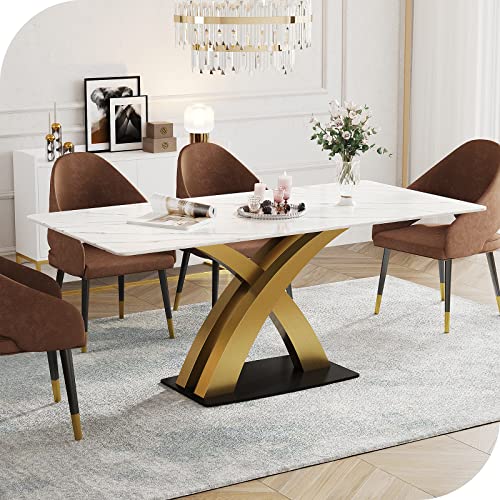 HERNEST 55" Rectangular Marble Dining Table for 4-6, Modern Heavy Duty Dining Room Table with Sintered Stone Tabletop X-Shaped Bracket and Carbon Steel Pedestal, White Kitchen Table for Living Room