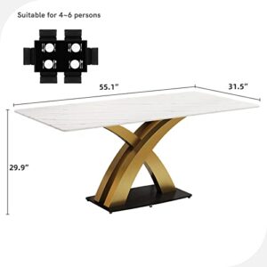 HERNEST 55" Rectangular Marble Dining Table for 4-6, Modern Heavy Duty Dining Room Table with Sintered Stone Tabletop X-Shaped Bracket and Carbon Steel Pedestal, White Kitchen Table for Living Room