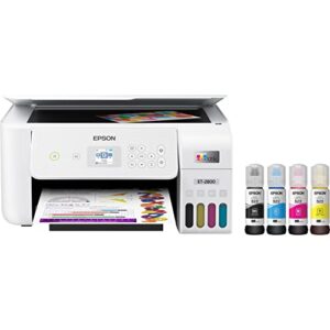 epson ecotank et-2800 wireless color all-in-one supertank inkjet printer, white - print scan copy - 10 ppm, 5760 x 1440 dpi, 1.44" lcd display, borderless photo prints