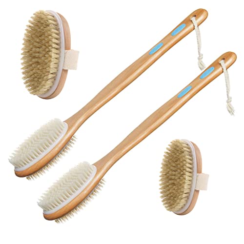 4PCS Wet and Dry Body Brush Set of 2 Dual-Sided Long Handle Shower Brush Set of 2 Short Bristles Dry Brush for Cellulite and Lymphatic Drainage Massage