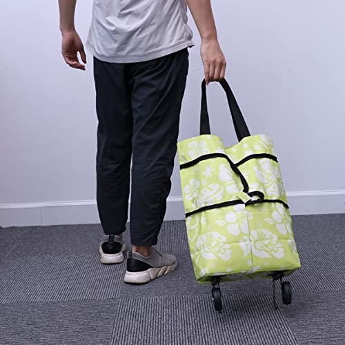 Grocery Cart on Wheels Wheeled Cart Folding Shopping Bag with Wheels,Collapsible Shopping Trolley Bags Shopping Cart(Green Leaves) Foldable Dolly Shopping Cart with Wheels