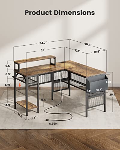 ErGear L Shaped Computer Desk with USB Charging Port and Power Outlet, 55 inch Corner Desk with Storage Shelves, 2 Person Long Gaming Table Modern Home Office Desk