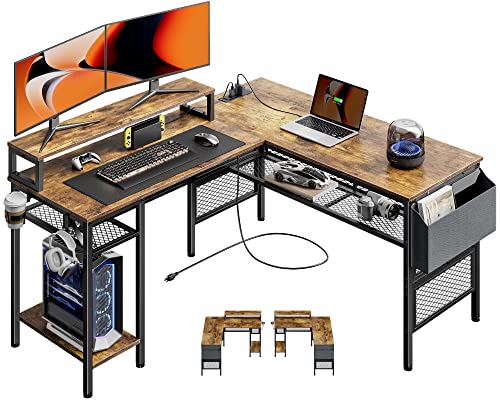 ErGear L Shaped Computer Desk with USB Charging Port and Power Outlet, 55 inch Corner Desk with Storage Shelves, 2 Person Long Gaming Table Modern Home Office Desk