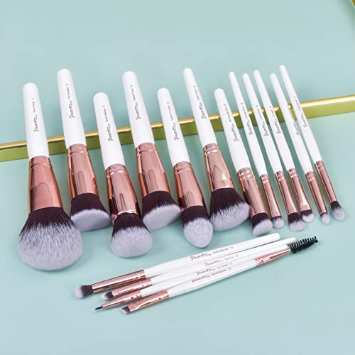 Bueart Design 16Pcs ULTRA SOFT Pearl white labeled Rose Gold Makeup Brushes set Make up brushes face brush Foundation Powder Blending Blush brushes