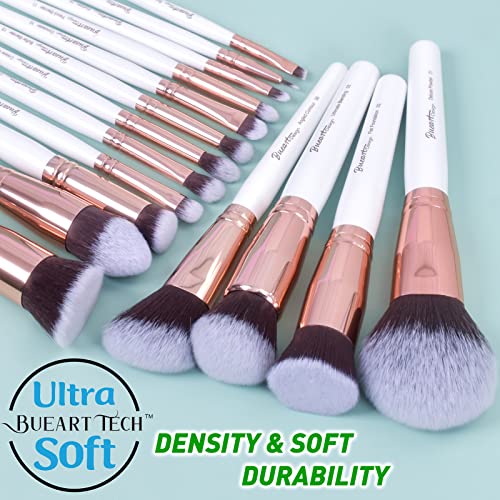 Bueart Design 16Pcs ULTRA SOFT Pearl white labeled Rose Gold Makeup Brushes set Make up brushes face brush Foundation Powder Blending Blush brushes