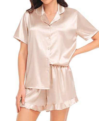 SWOMOG Satin Pajamas Women's Short Sleeve Sleepwear Ladies Silk Button Down Nightwear Pjs Shorts Set with Ruffle Hem Champagne