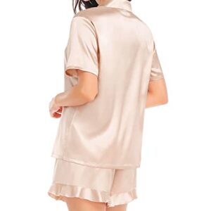 SWOMOG Satin Pajamas Women's Short Sleeve Sleepwear Ladies Silk Button Down Nightwear Pjs Shorts Set with Ruffle Hem Champagne