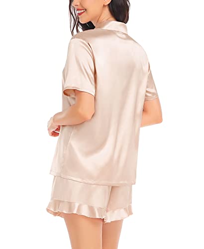 SWOMOG Satin Pajamas Women's Short Sleeve Sleepwear Ladies Silk Button Down Nightwear Pjs Shorts Set with Ruffle Hem Champagne