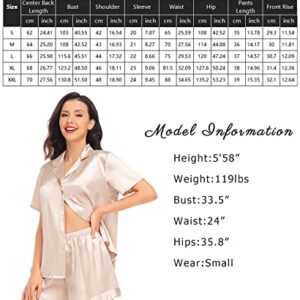 SWOMOG Satin Pajamas Women's Short Sleeve Sleepwear Ladies Silk Button Down Nightwear Pjs Shorts Set with Ruffle Hem Champagne