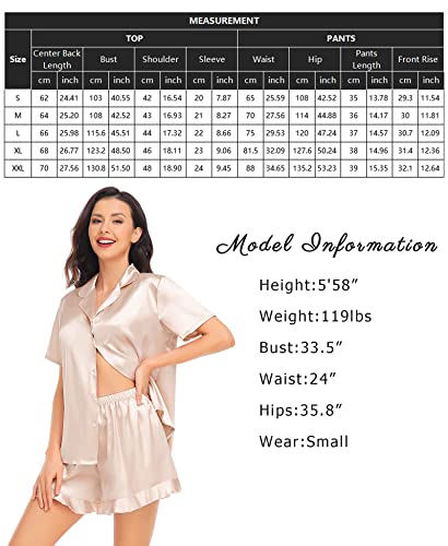 SWOMOG Satin Pajamas Women's Short Sleeve Sleepwear Ladies Silk Button Down Nightwear Pjs Shorts Set with Ruffle Hem Champagne