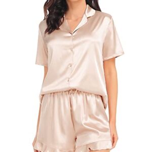 SWOMOG Satin Pajamas Women's Short Sleeve Sleepwear Ladies Silk Button Down Nightwear Pjs Shorts Set with Ruffle Hem Champagne