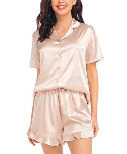 SWOMOG Satin Pajamas Women's Short Sleeve Sleepwear Ladies Silk Button Down Nightwear Pjs Shorts Set with Ruffle Hem Champagne