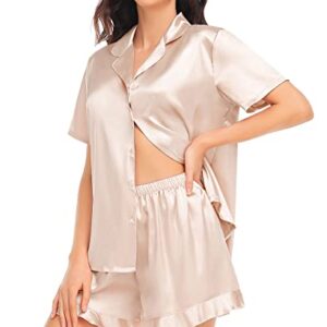 SWOMOG Satin Pajamas Women's Short Sleeve Sleepwear Ladies Silk Button Down Nightwear Pjs Shorts Set with Ruffle Hem Champagne