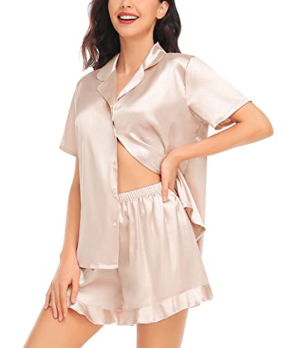 SWOMOG Satin Pajamas Women's Short Sleeve Sleepwear Ladies Silk Button Down Nightwear Pjs Shorts Set with Ruffle Hem Champagne