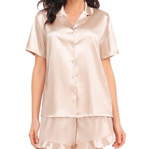 SWOMOG Satin Pajamas Women's Short Sleeve Sleepwear Ladies Silk Button Down Nightwear Pjs Shorts Set with Ruffle Hem Champagne