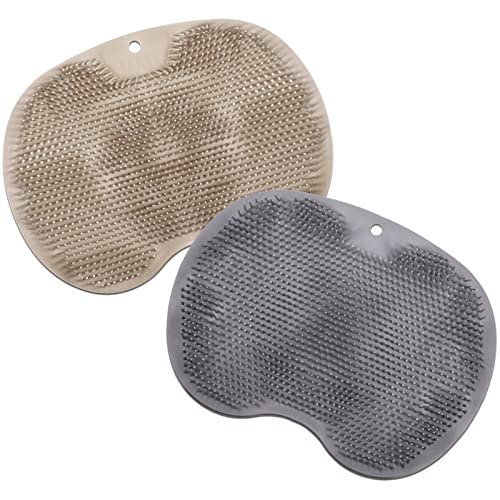 Rtteri 2 Pieces Shower Foot Scrubber Mat Silicone Shower Foot Massager Back Washer for Shower Back Scrubber Exfoliate Feet Scrubber with Non Slip Suction Cups Foot Cleaner for Men Women, Gray, Khaki