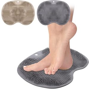 Rtteri 2 Pieces Shower Foot Scrubber Mat Silicone Shower Foot Massager Back Washer for Shower Back Scrubber Exfoliate Feet Scrubber with Non Slip Suction Cups Foot Cleaner for Men Women, Gray, Khaki