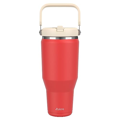 Zukro 40 OZ Tumbler With Flip Straw, Leak Proof Stainless Steel Tumbler with Top Handle Lid, No Sweat Insulated Water Bottle Fit in Cup holder for Home, Outdoors, Keep Drinks Cold 24 hours, Carnelian