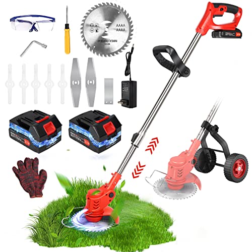 Weed Wacker Battery Powered Electric Brush Cutter 4000mAh, Battery Weed Eater Cordless Grass Trimmer, Lightweight 3 in 1 Small Push Lawn Mower Stringless Trimmer Edger Lawn Tool, 2 Batteries, 1 Wheel