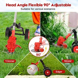 Weed Wacker Battery Powered Electric Brush Cutter 4000mAh, Battery Weed Eater Cordless Grass Trimmer, Lightweight 3 in 1 Small Push Lawn Mower Stringless Trimmer Edger Lawn Tool, 2 Batteries, 1 Wheel