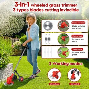 Weed Wacker Battery Powered Electric Brush Cutter 4000mAh, Battery Weed Eater Cordless Grass Trimmer, Lightweight 3 in 1 Small Push Lawn Mower Stringless Trimmer Edger Lawn Tool, 2 Batteries, 1 Wheel