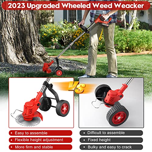 Weed Wacker Battery Powered Electric Brush Cutter 4000mAh, Battery Weed Eater Cordless Grass Trimmer, Lightweight 3 in 1 Small Push Lawn Mower Stringless Trimmer Edger Lawn Tool, 2 Batteries, 1 Wheel