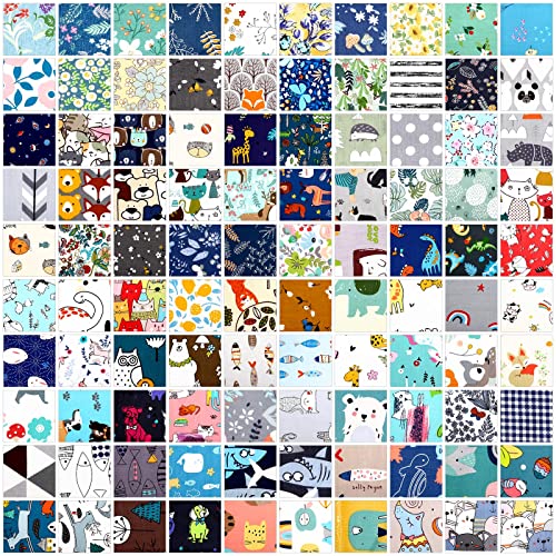 100 Pcs Cotton Fabric Square Patchwork Craft Fabric Scraps Quilting Fat Bundles Flower Animals Cartoon for DIY Sewing Cloths (Cute, 10 Inch)