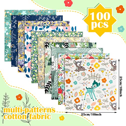 100 Pcs Cotton Fabric Square Patchwork Craft Fabric Scraps Quilting Fat Bundles Flower Animals Cartoon for DIY Sewing Cloths (Cute, 10 Inch)