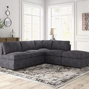 FDW L Shaped Couch Convertible 4-Seat Sofa with Ottoman for Living Room Bedroom Office, Dark Gray