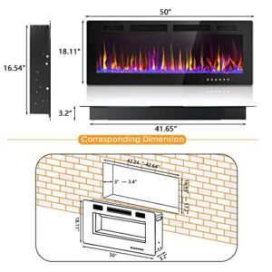 LEMBERI 50 inch Electric Fireplace Recessed and Wall Mounted,750/1500W Heater and Linear Fireplace with Touch Screen Control Panel, Timer,Remote Control,Adjustable Flame Color and Speed