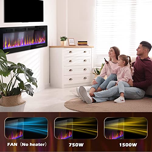 LEMBERI 50 inch Electric Fireplace Recessed and Wall Mounted,750/1500W Heater and Linear Fireplace with Touch Screen Control Panel, Timer,Remote Control,Adjustable Flame Color and Speed