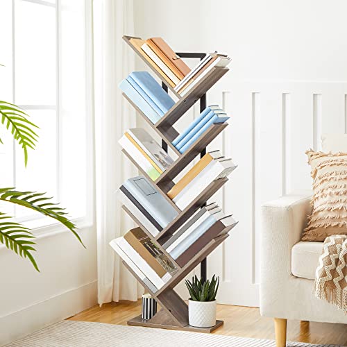 HOOBRO Tree Bookshelf, 9-Tier Bookcase Wooden Shelves, Floor Standing Storage Rack, for Display of CDs, Books in Living Room, Home Office, Wood Storage Rack for Bedroom, Greige BG08SJ01G1