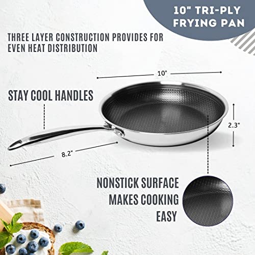 Lexi Home Stainless Steel Frying Pan 10 Inch, Nonstick, Diamond, Tri-Ply Kitchen Cookware, For Everyday Cooking, Oven & Dishwasher Safe, Stay Cool Handle, Scratch Resistant, For All Stove Types