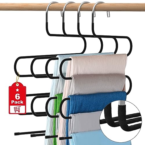 6 Pack Pants Hangers Space Saving, Non-Slip Velvet Pant Hangers S-Shape Stainless Steel Jean Hangers Closet Organizers Clothes Hangers for Pants, Jeans, Trousers, Scarves, Shorts, Black