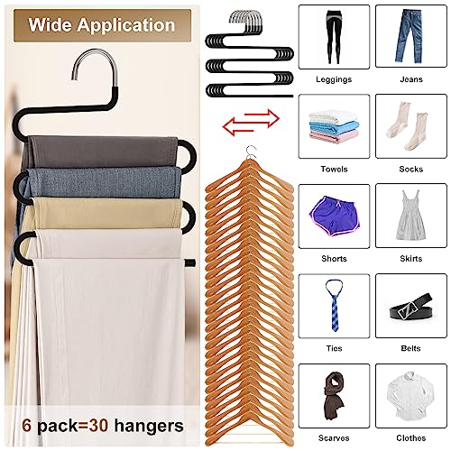 6 Pack Pants Hangers Space Saving, Non-Slip Velvet Pant Hangers S-Shape Stainless Steel Jean Hangers Closet Organizers Clothes Hangers for Pants, Jeans, Trousers, Scarves, Shorts, Black