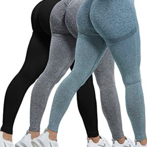 CHRLEISURE 3 Piece Butt Lifting Leggings for Women, Gym Workout Scrunch Butt Seamless Yoga Leggings (Black, DGray, Blue, M)-1