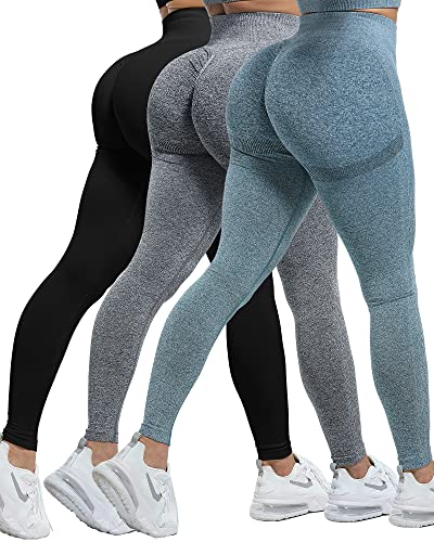 CHRLEISURE 3 Piece Butt Lifting Leggings for Women, Gym Workout Scrunch Butt Seamless Yoga Leggings (Black, DGray, Blue, M)-1