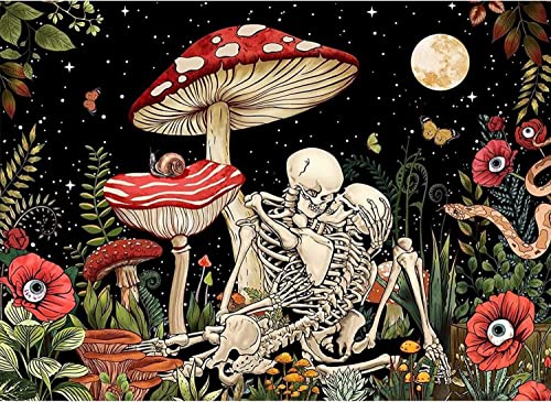 Clendo Mushroom Skull Paint by Numbers for Adults,Skeleton Trippy Flower Plant Paint by Number for Adults Beginner,Hippie Cool Nature Moon Star Acrylic Paint by Numbers for Home Wall Decor Inch16x20