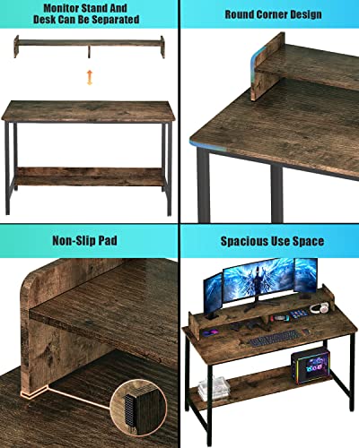 WOODYNLUX Computer Desk with Shelves, 43 Inch Gaming Writing Desk, Study PC Table Workstation with Storage for Home Office, Living Room, Bedroom, Metal Frame, Rustic.