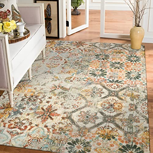 Lahome Boho Machine Washable Rugs - 5x7 Area Rugs for Living Room Non-Slip Throw Bedroom Rug Ultra-Thin Floral Print Dinning Room Rug Large Accent Distessed Floor Carpet for Entrance Kitchen Office