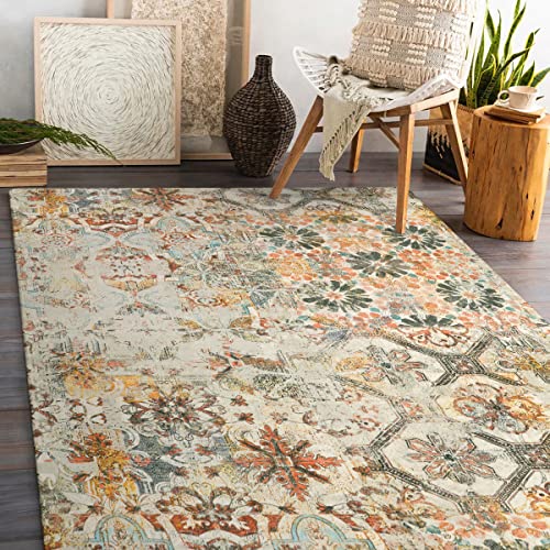 Lahome Boho Machine Washable Rugs - 5x7 Area Rugs for Living Room Non-Slip Throw Bedroom Rug Ultra-Thin Floral Print Dinning Room Rug Large Accent Distessed Floor Carpet for Entrance Kitchen Office