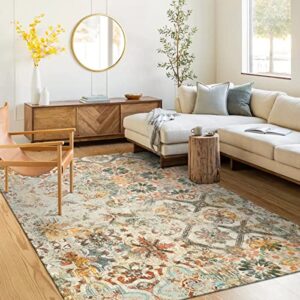 Lahome Boho Machine Washable Rugs - 5x7 Area Rugs for Living Room Non-Slip Throw Bedroom Rug Ultra-Thin Floral Print Dinning Room Rug Large Accent Distessed Floor Carpet for Entrance Kitchen Office